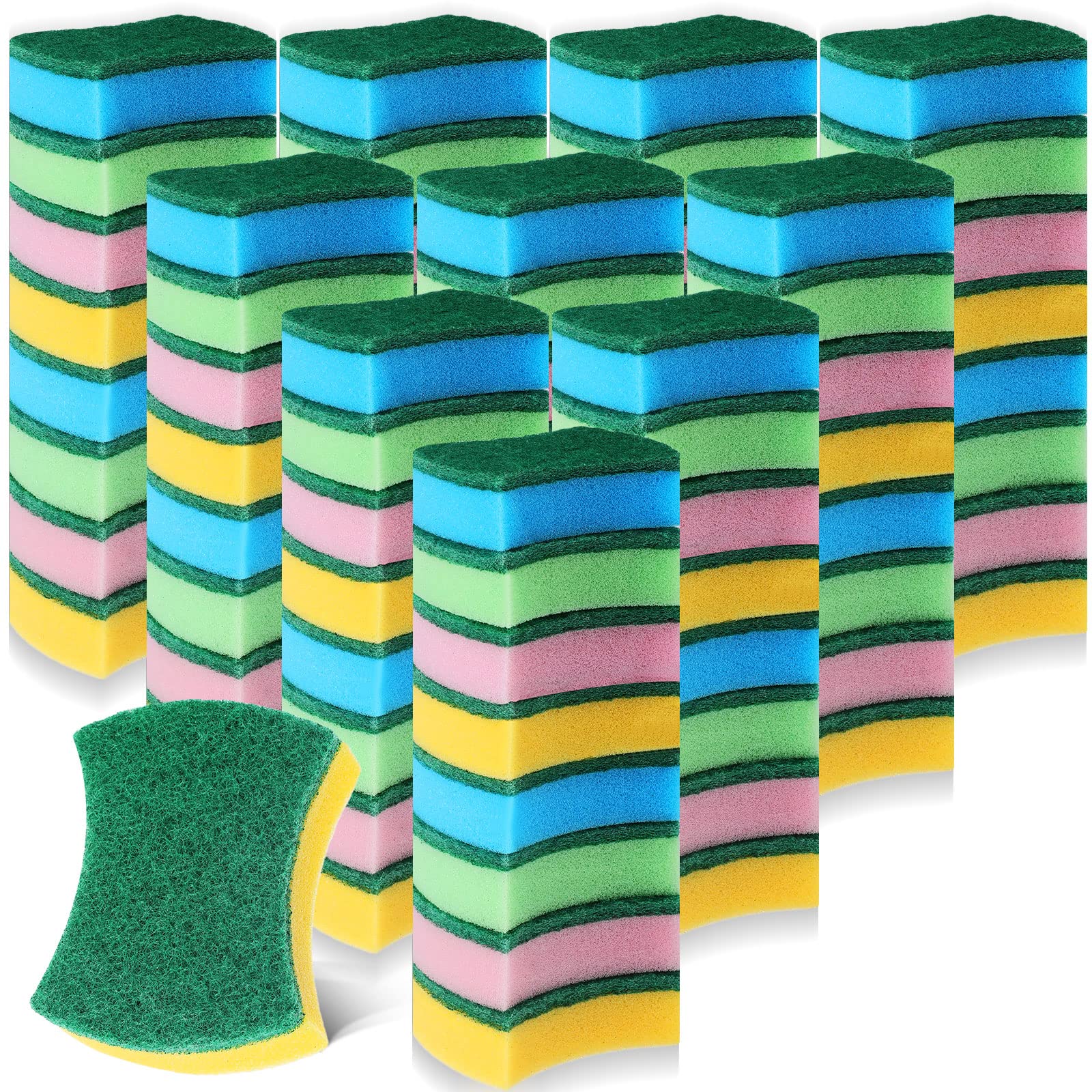Zubebe 100 Pcs Cleaning Sponge Dual Sided Scrub Sponge Non Scratch Kitchen Sponge for Sink Dishwashing, 4 Colors