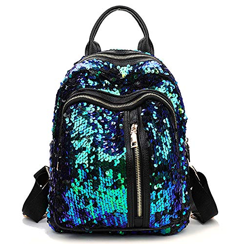 Chiclinco Mini Sparklely Mermaid Sequin Backpack Rucksack Schoolbag for Women Teenage Girls (Blue & Green)