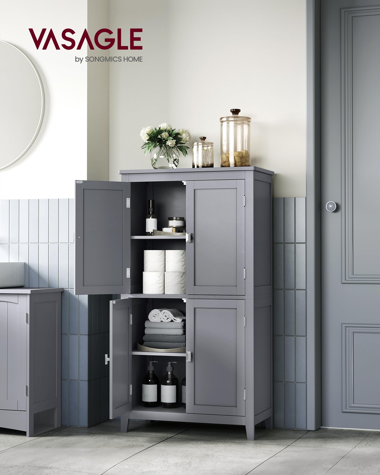 VASAGLE Bathroom Floor Storage Cabinet, Bathroom Storage Unit, Freestanding Cabinet with 4 Doors, Adjustable Shelves, 11.8 x 23.6 x 43.3 Inches, Mystic Gray UBBC552P36