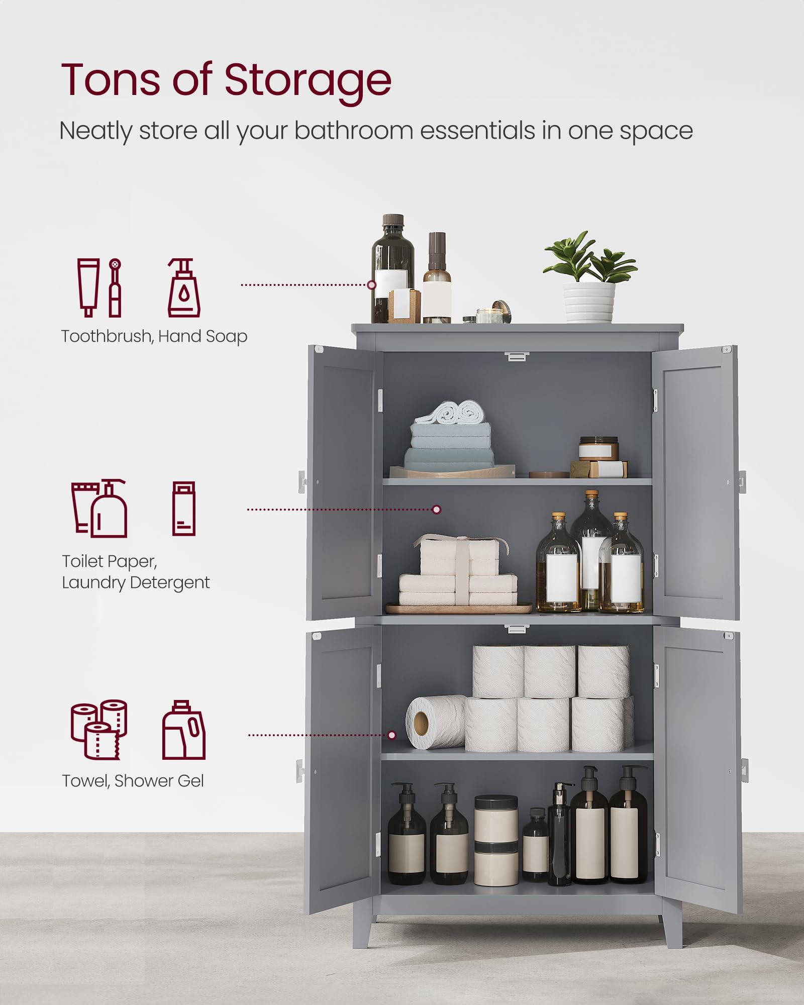 VASAGLE Bathroom Floor Storage Cabinet, Bathroom Storage Unit, Freestanding Cabinet with 4 Doors, Adjustable Shelves, 11.8 x 23.6 x 43.3 Inches, Mystic Gray UBBC552P36