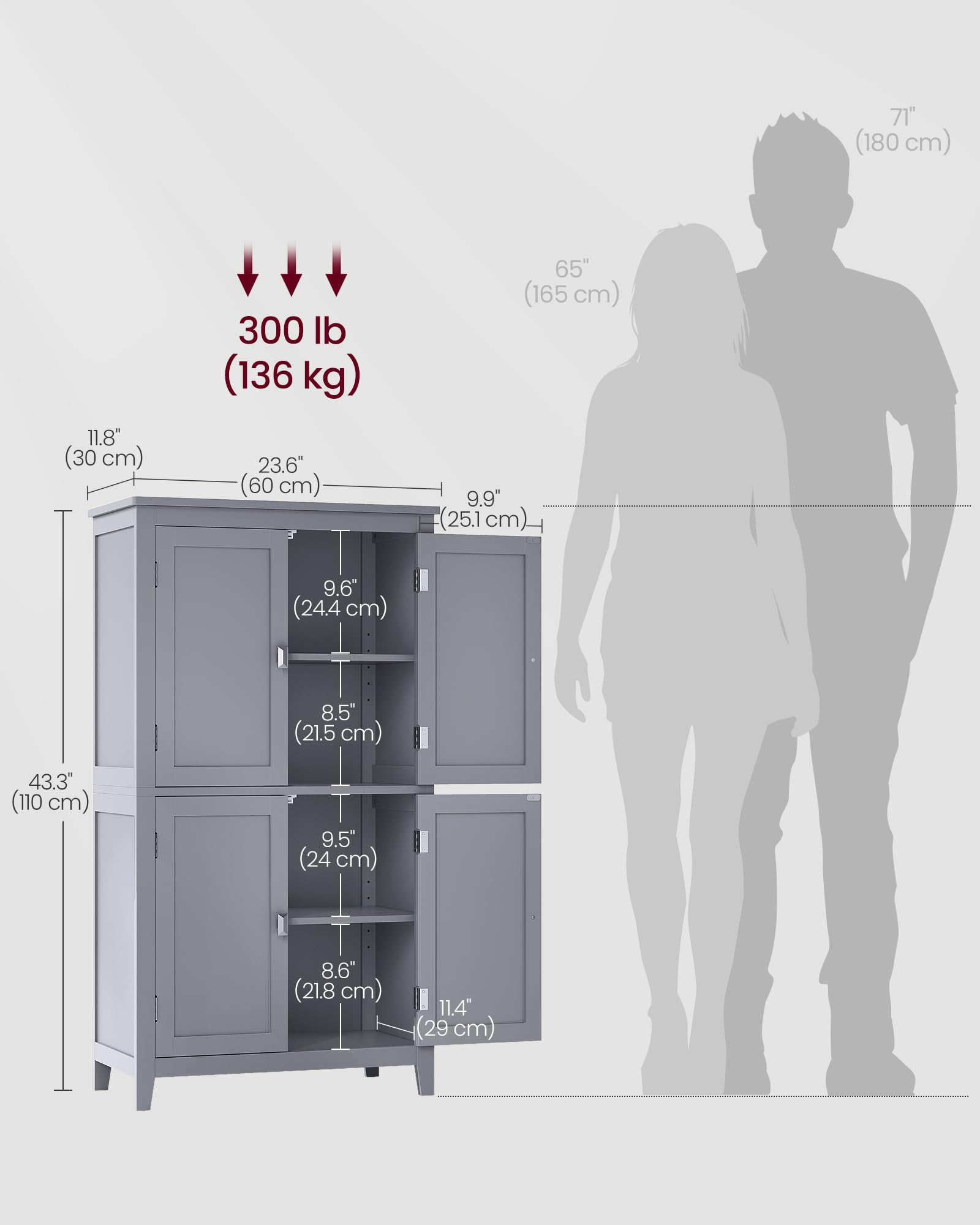 VASAGLE Bathroom Floor Storage Cabinet, Bathroom Storage Unit, Freestanding Cabinet with 4 Doors, Adjustable Shelves, 11.8 x 23.6 x 43.3 Inches, Mystic Gray UBBC552P36
