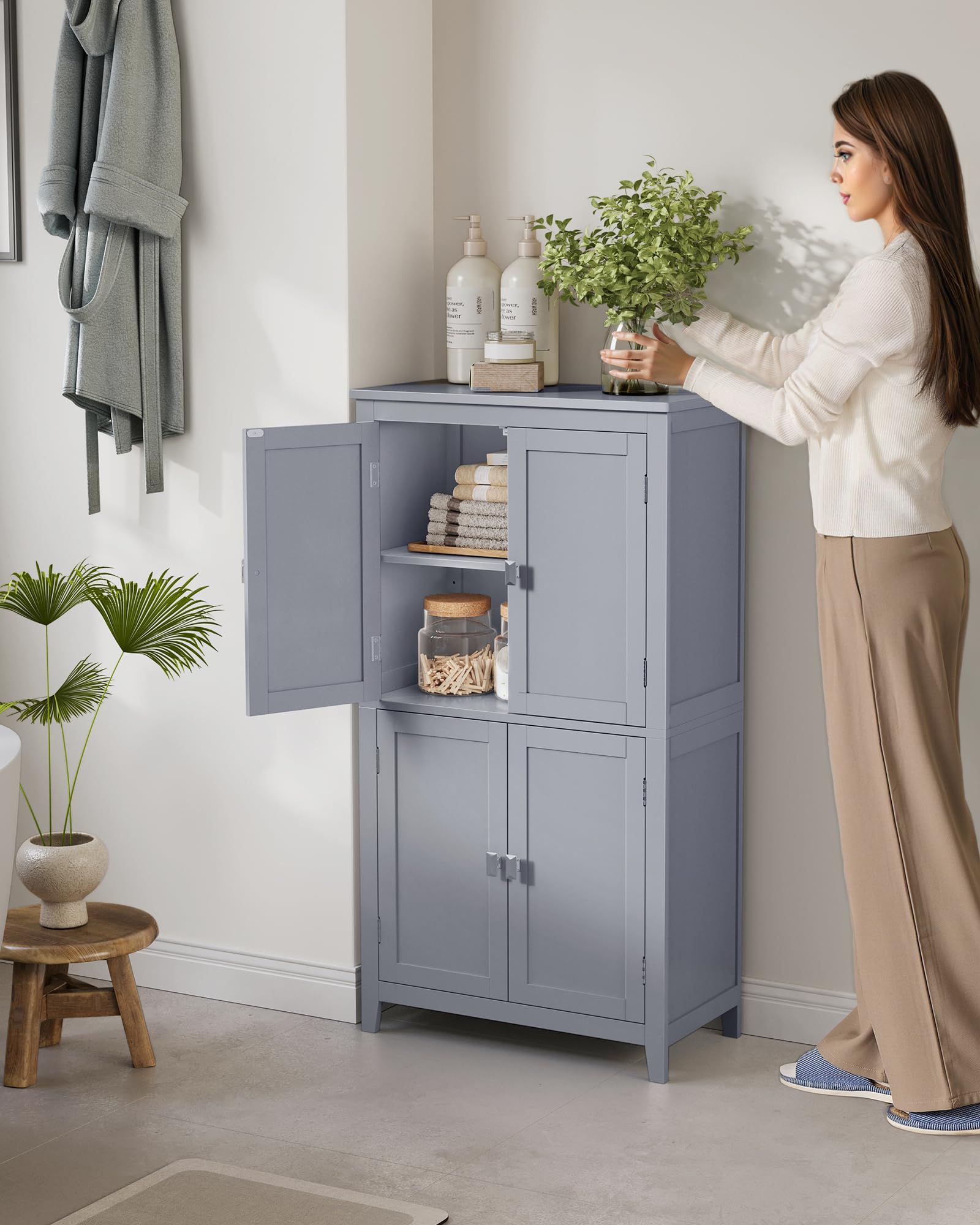 VASAGLE Bathroom Floor Storage Cabinet, Bathroom Storage Unit, Freestanding Cabinet with 4 Doors, Adjustable Shelves, 11.8 x 23.6 x 43.3 Inches, Mystic Gray UBBC552P36