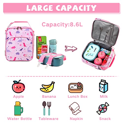 VASCHY Kids School Backpack Lunch Box Bag Pencil Case Combo, Children BookBag Schoolbag Set for Preschool/Kindergarten/Elementry School Supplies Boys Girls Pink Dinosaurs