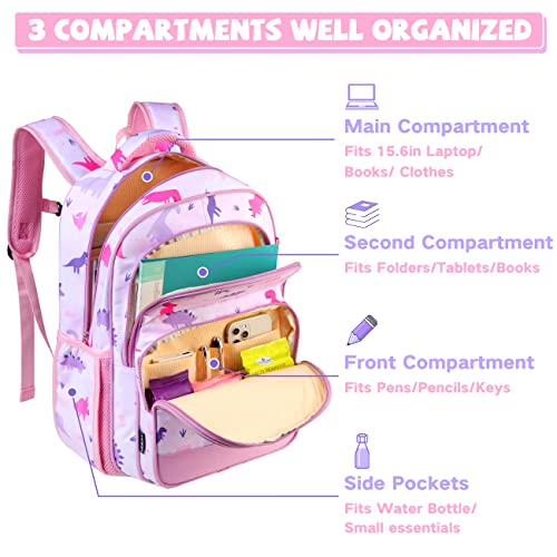 VASCHY Kids School Backpack Lunch Box Bag Pencil Case Combo, Children BookBag Schoolbag Set for Preschool/Kindergarten/Elementry School Supplies Boys Girls Pink Dinosaurs