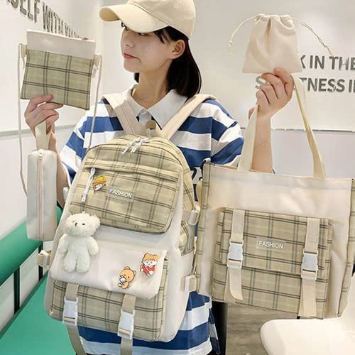 5Pcs Kawaii Canvas School Backpack Combo Set with Pear Pendant Cute Pins Tote Bag Pencil Pouch Plaid Checkered Aesthetic Laptop Schoolbag Daypack Kit Back To School (Khaki)