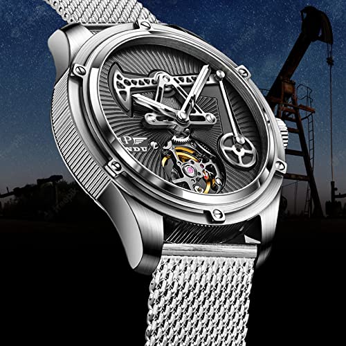 PINDU Automatic Watches for Men, Self-Designed and Modified 8215 Movement Oil Well Digging Design 50M Waterproof Analogue Watches Mens Unique Cool Mechanical Watch (Black Dial Silver Mesh Strap)