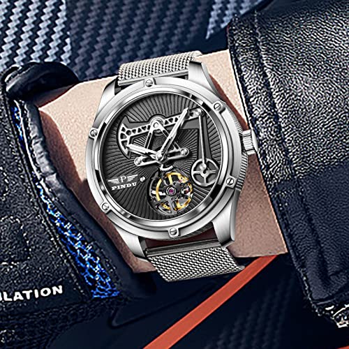 PINDU Automatic Watches for Men, Self-Designed and Modified 8215 Movement Oil Well Digging Design 50M Waterproof Analogue Watches Mens Unique Cool Mechanical Watch (Black Dial Silver Mesh Strap)