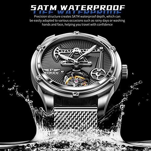 PINDU Automatic Watches for Men, Self-Designed and Modified 8215 Movement Oil Well Digging Design 50M Waterproof Analogue Watches Mens Unique Cool Mechanical Watch (Black Dial Silver Mesh Strap)