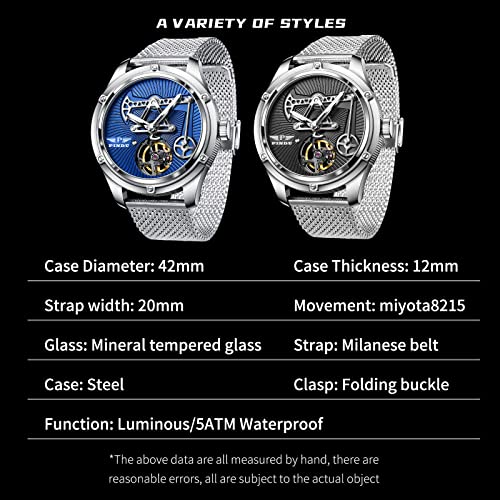 PINDU Automatic Watches for Men, Self-Designed and Modified 8215 Movement Oil Well Digging Design 50M Waterproof Analogue Watches Mens Unique Cool Mechanical Watch (Black Dial Silver Mesh Strap)