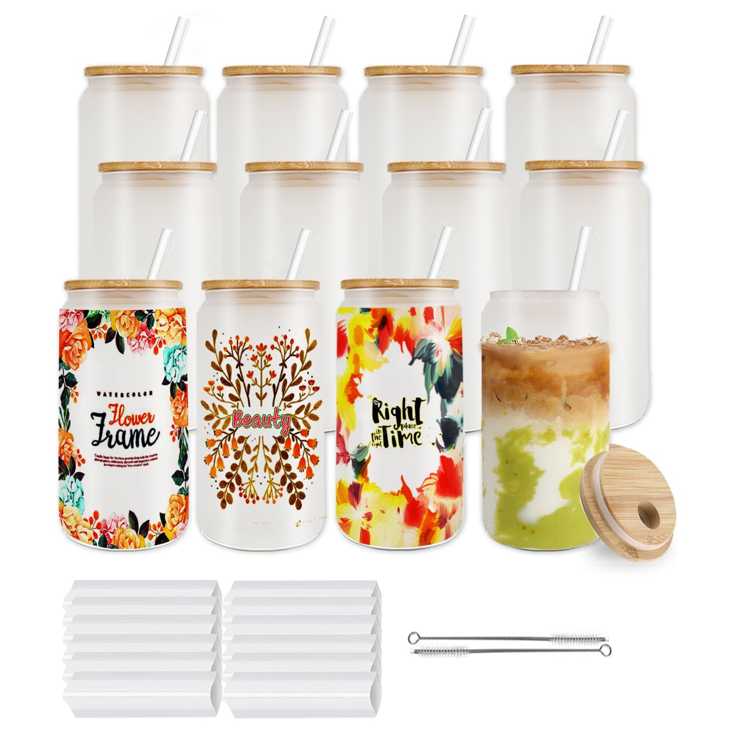 Kocdam 12 pack Sublimation Glass Cups with Bamboo Lids and Straws, Frosted 16oz Blanks Sublimation Beer Cans, Borosilicate Glasses, Sublimation Tumblers for Beer, Juice, Soda, Iced Coffee