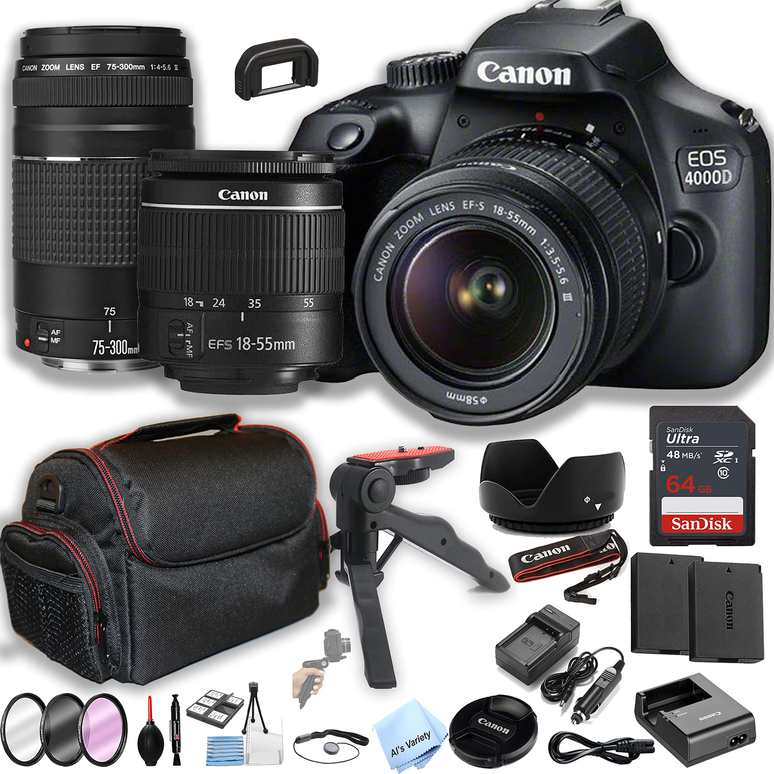 Canon EOS 4000D (Rebel T100) DSLR Camera w/EF-S 18-55mm F/3.5-5.6 Zoom Lens + 75-300mm F/4-5.6 III Lens + 64GB Memory + Case+ Steady Grip Pod + Filters + 2X Batteries + More (28pc Bundle)