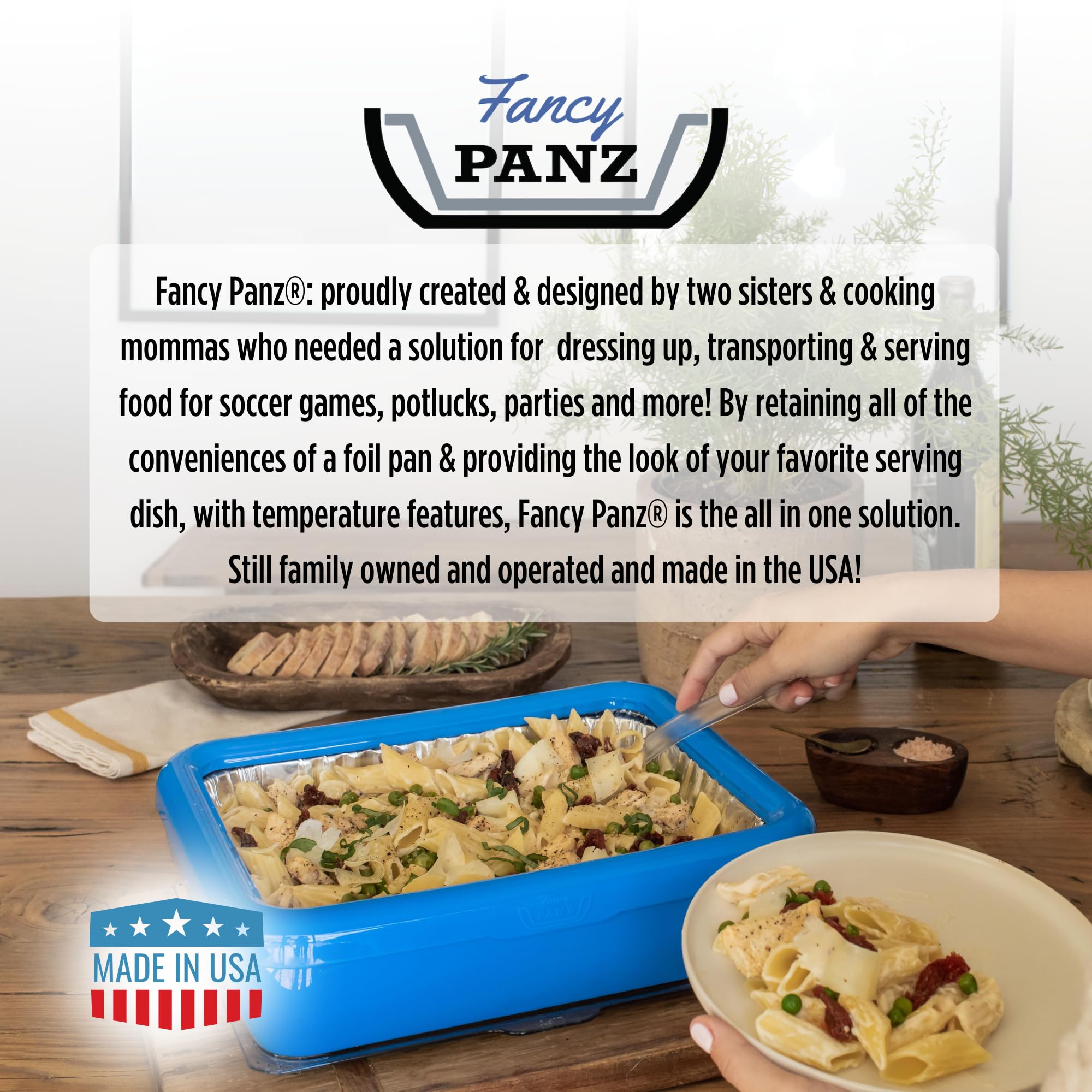 Fancy Panz Classic, Food Serving Tray, Made in the USA Foil Pan Carrier, Stackable Aluminum Pan Holders with Clear Lid, Travel Casserole Carrier With 1 Disposable Foil Pan & Serving Spoon, Denim Blue