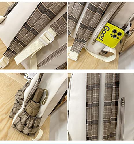 Kawaii Plaid Backpack with 1 Free Cute Panda Pendant for Girls Teens Criss Corss Aesthetic Daypack Satchel (Beige)