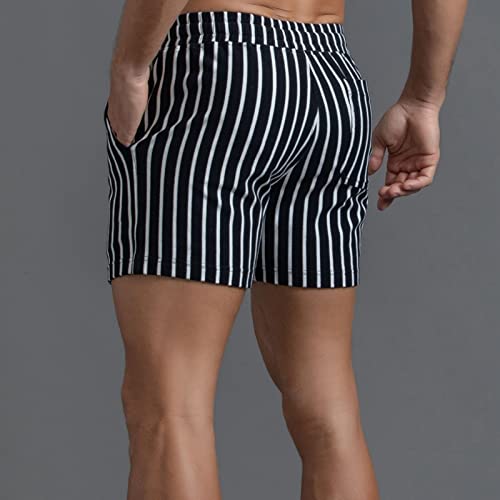 Men's Classic Cargo Stretch Short Mens Summer Solid Color Big Pockets Striped Pants Pocket Drawstring Loose Casual Black