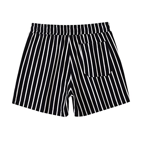 Men's Classic Cargo Stretch Short Mens Summer Solid Color Big Pockets Striped Pants Pocket Drawstring Loose Casual Black