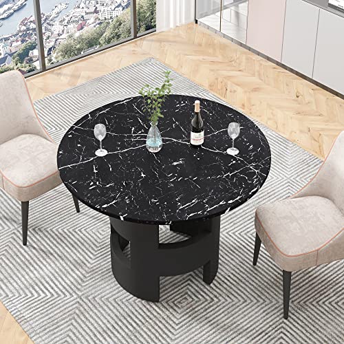 HomSof 42.12" Modern Round Dining Table with Printed Black Marble Table Top for Dining Room, Kitchen, Living Room