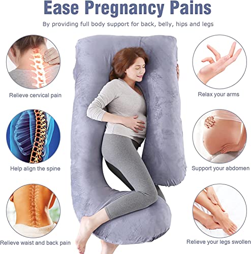 TREE.NB Pregnancy Pillows, U Shape Polyester Maternity Pillow for Pregnant Women Body Feeding Support,with Grey Velvet Cover, Support Pillow with Removable Washable Pillowcase 63''x37.4''x27.5''