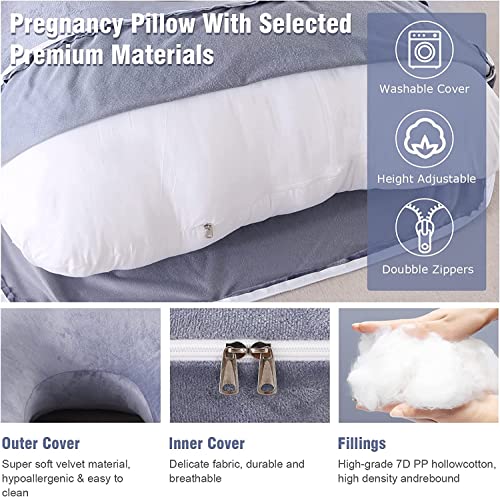 TREE.NB Pregnancy Pillows, U Shape Polyester Maternity Pillow for Pregnant Women Body Feeding Support,with Grey Velvet Cover, Support Pillow with Removable Washable Pillowcase 63''x37.4''x27.5''