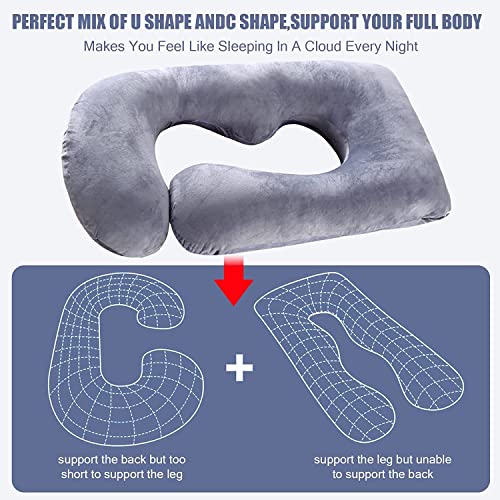 TREE.NB Pregnancy Pillows, U Shape Polyester Maternity Pillow for Pregnant Women Body Feeding Support,with Grey Velvet Cover, Support Pillow with Removable Washable Pillowcase 63''x37.4''x27.5''