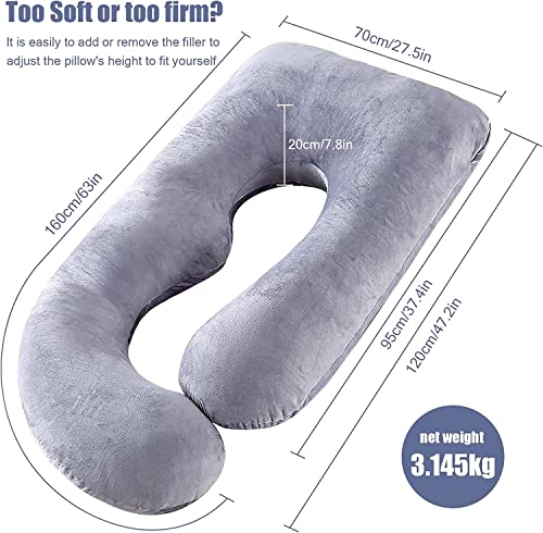 TREE.NB Pregnancy Pillows, U Shape Polyester Maternity Pillow for Pregnant Women Body Feeding Support,with Grey Velvet Cover, Support Pillow with Removable Washable Pillowcase 63''x37.4''x27.5''