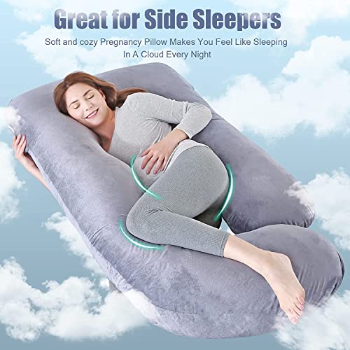 TREE.NB Pregnancy Pillows, U Shape Polyester Maternity Pillow for Pregnant Women Body Feeding Support,with Grey Velvet Cover, Support Pillow with Removable Washable Pillowcase 63''x37.4''x27.5''