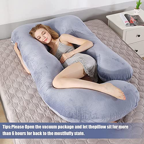 TREE.NB Pregnancy Pillows, U Shape Polyester Maternity Pillow for Pregnant Women Body Feeding Support,with Grey Velvet Cover, Support Pillow with Removable Washable Pillowcase 63''x37.4''x27.5''