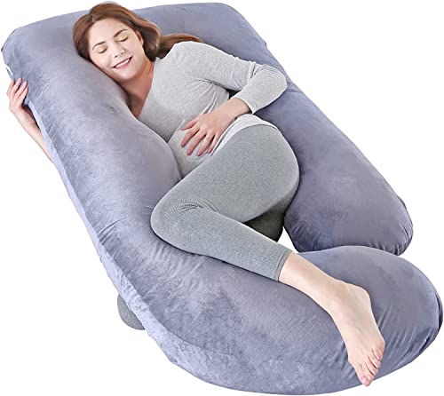 TREE.NB Pregnancy Pillows, U Shape Polyester Maternity Pillow for Pregnant Women Body Feeding Support,with Grey Velvet Cover, Support Pillow with Removable Washable Pillowcase 63''x37.4''x27.5''