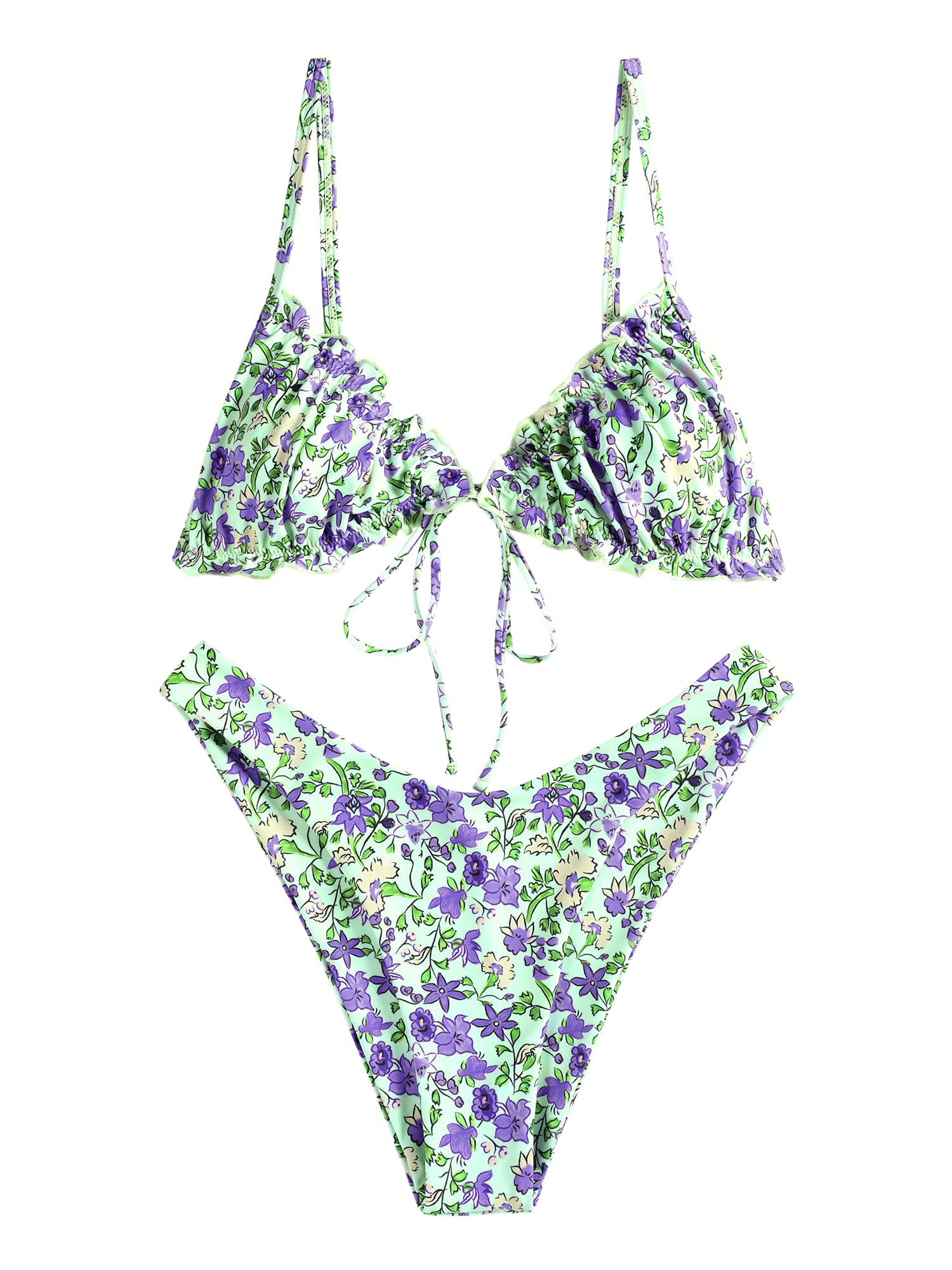 ZAFUL Women's Ruffled Textured Bow Tie Bikini Ditsy Floral Printed Swimsuit Two Piece Bathing Suit (Green&Purple M)