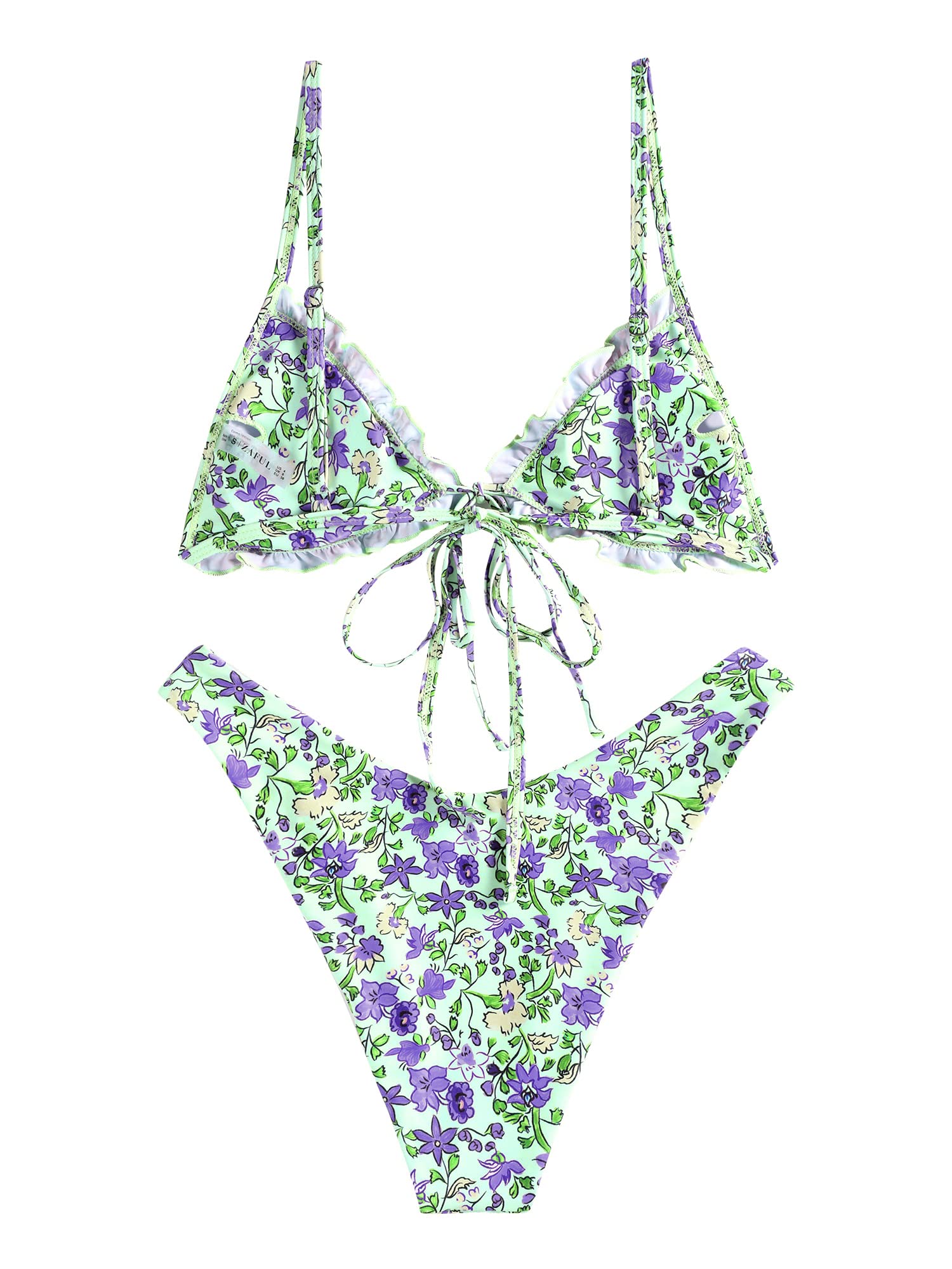 ZAFUL Women's Ruffled Textured Bow Tie Bikini Ditsy Floral Printed Swimsuit Two Piece Bathing Suit (Green&Purple M)
