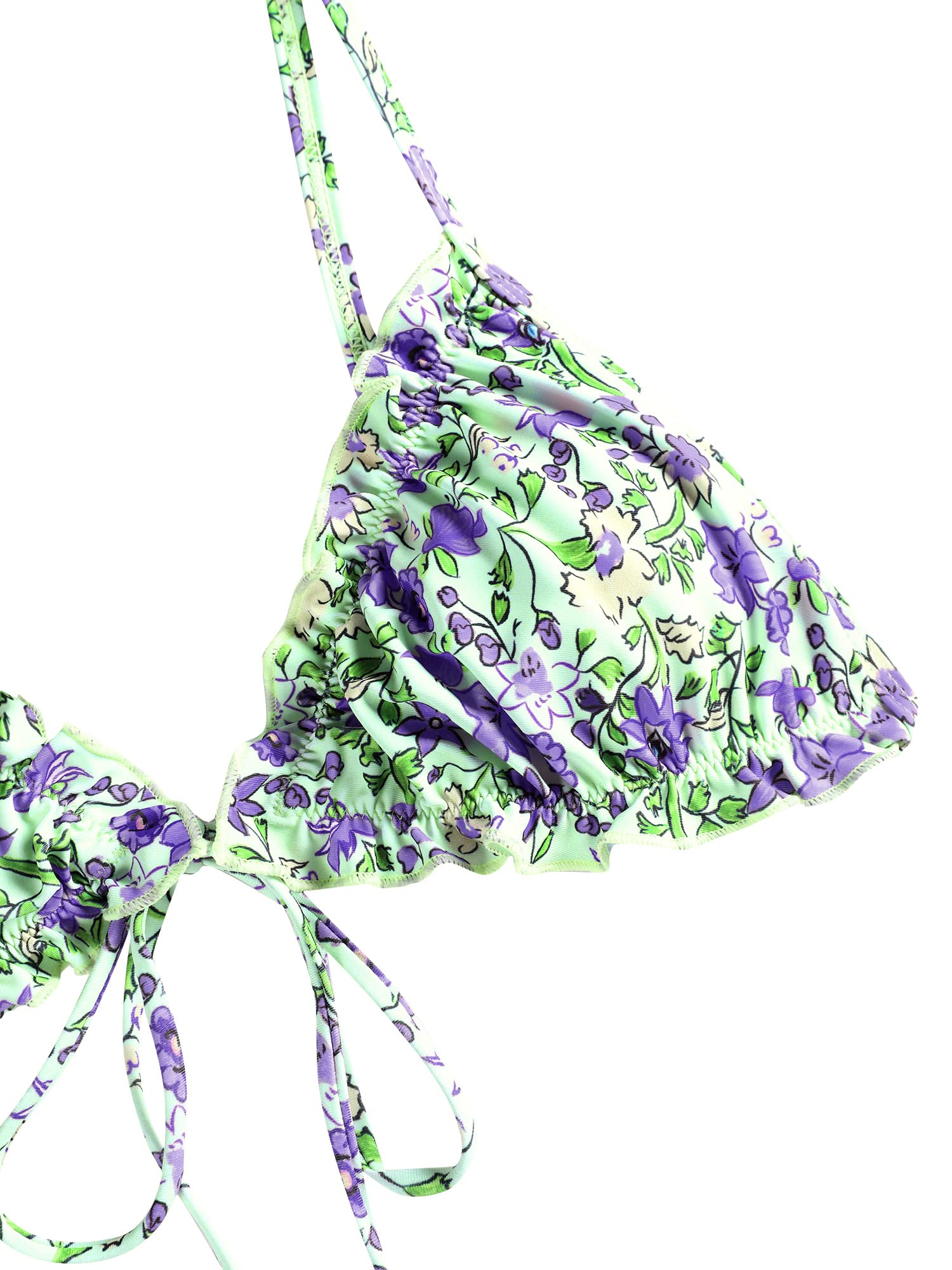 ZAFUL Women's Ruffled Textured Bow Tie Bikini Ditsy Floral Printed Swimsuit Two Piece Bathing Suit (Green&Purple M)