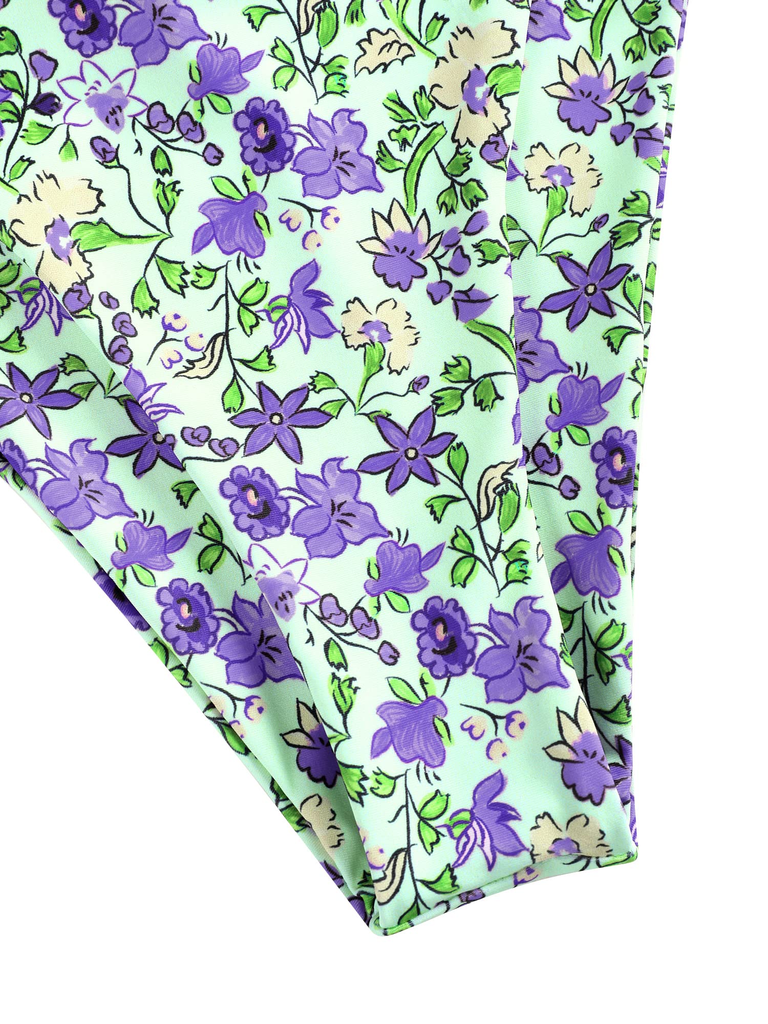 ZAFUL Women's Ruffled Textured Bow Tie Bikini Ditsy Floral Printed Swimsuit Two Piece Bathing Suit (Green&Purple M)