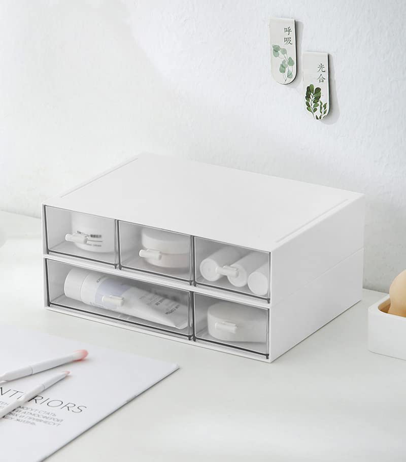 Stackable Desk Organizer with 6 Drawers, 3 Tier Plastic Desk Storage Box Desktop Drawers, Makeup Storage, Desk Organizer and Accessories for Desk, Cosmetic Skincare Storage Office School Home (White)