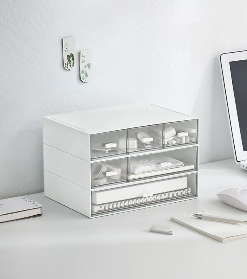 Stackable Desk Organizer with 6 Drawers, 3 Tier Plastic Desk Storage Box Desktop Drawers, Makeup Storage, Desk Organizer and Accessories for Desk, Cosmetic Skincare Storage Office School Home (White)