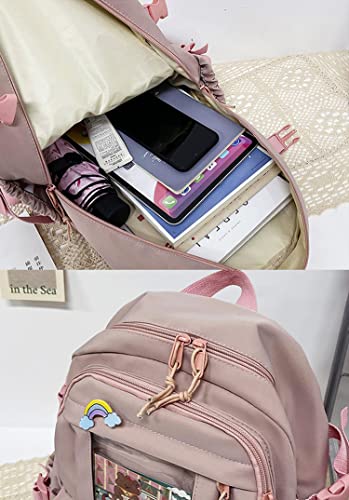 Kawaii Backpack with Kawaii Pin And Accessories, Cute Preppy Travel Backpack for Girls School with Plush Pendant (Beige)