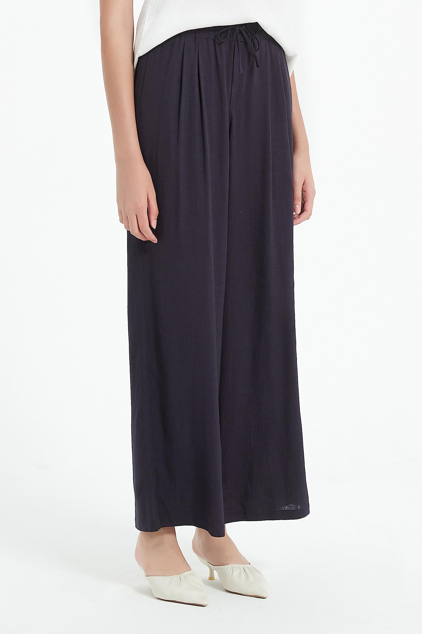 PACIBE Womens Cotton Linen Pants Summer Casual Drawstring High Waisted Palazzo Flowy Wide Leg Trousers with Pockets, XL Deep Blue