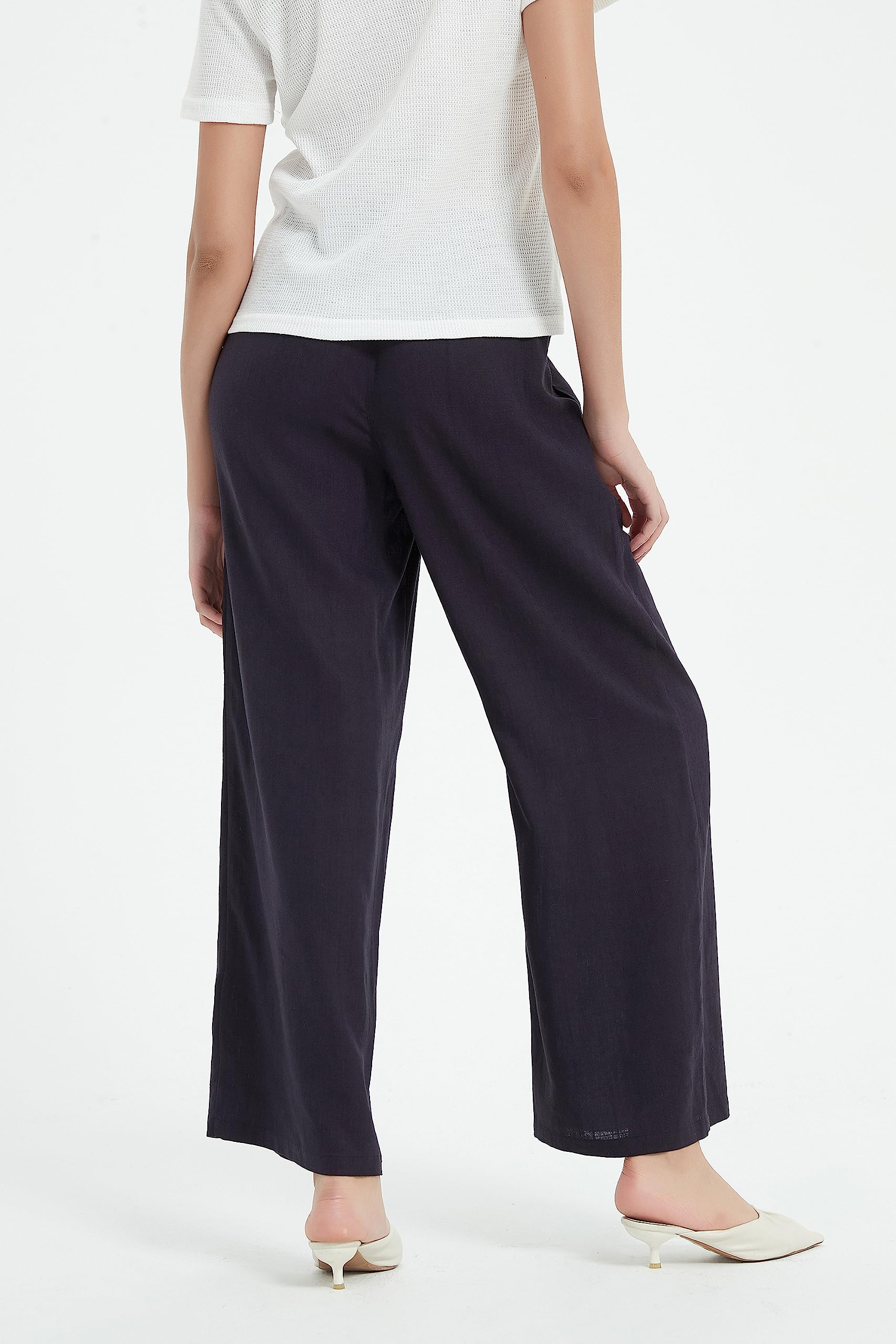 PACIBE Womens Cotton Linen Pants Summer Casual Drawstring High Waisted Palazzo Flowy Wide Leg Trousers with Pockets, XL Deep Blue
