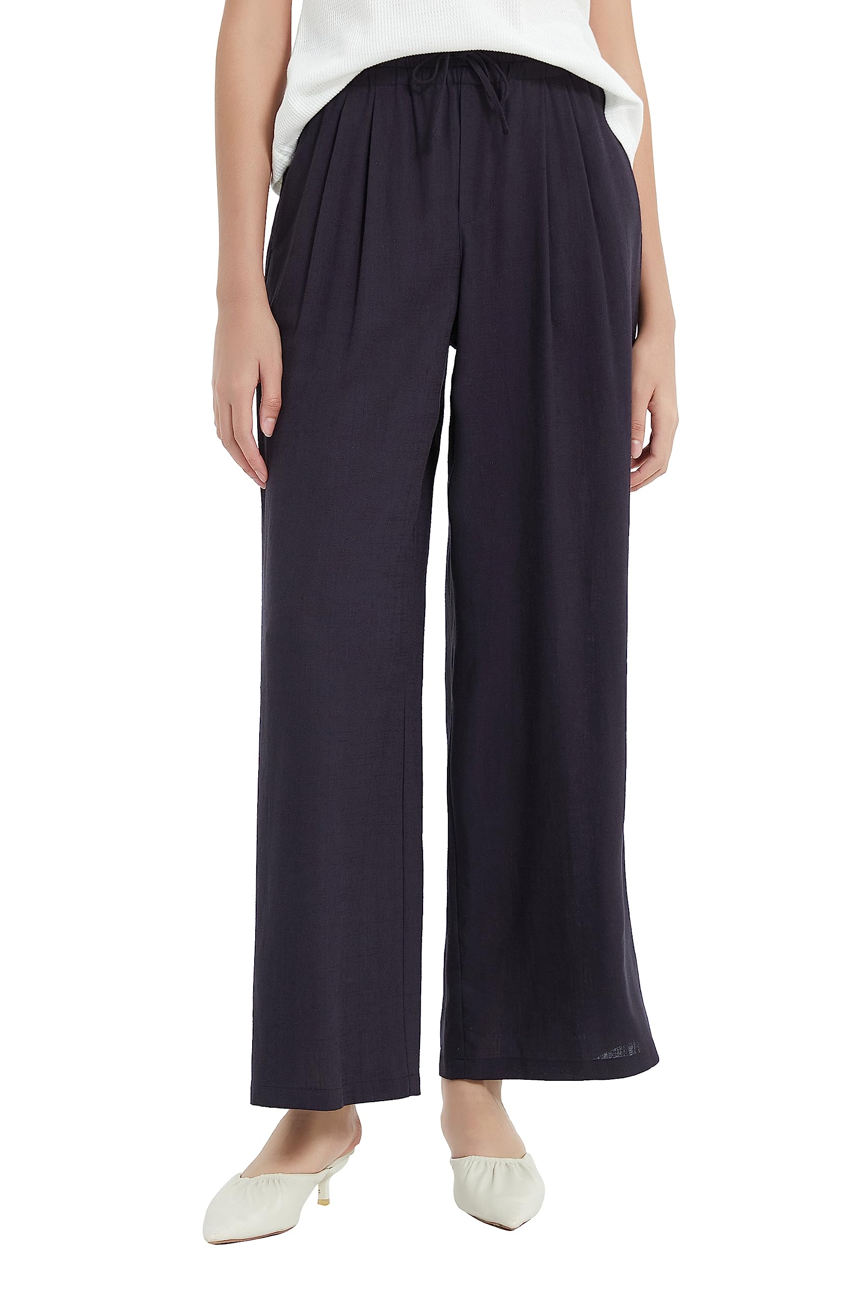 PACIBE Womens Cotton Linen Pants Summer Casual Drawstring High Waisted Palazzo Flowy Wide Leg Trousers with Pockets, XL Deep Blue