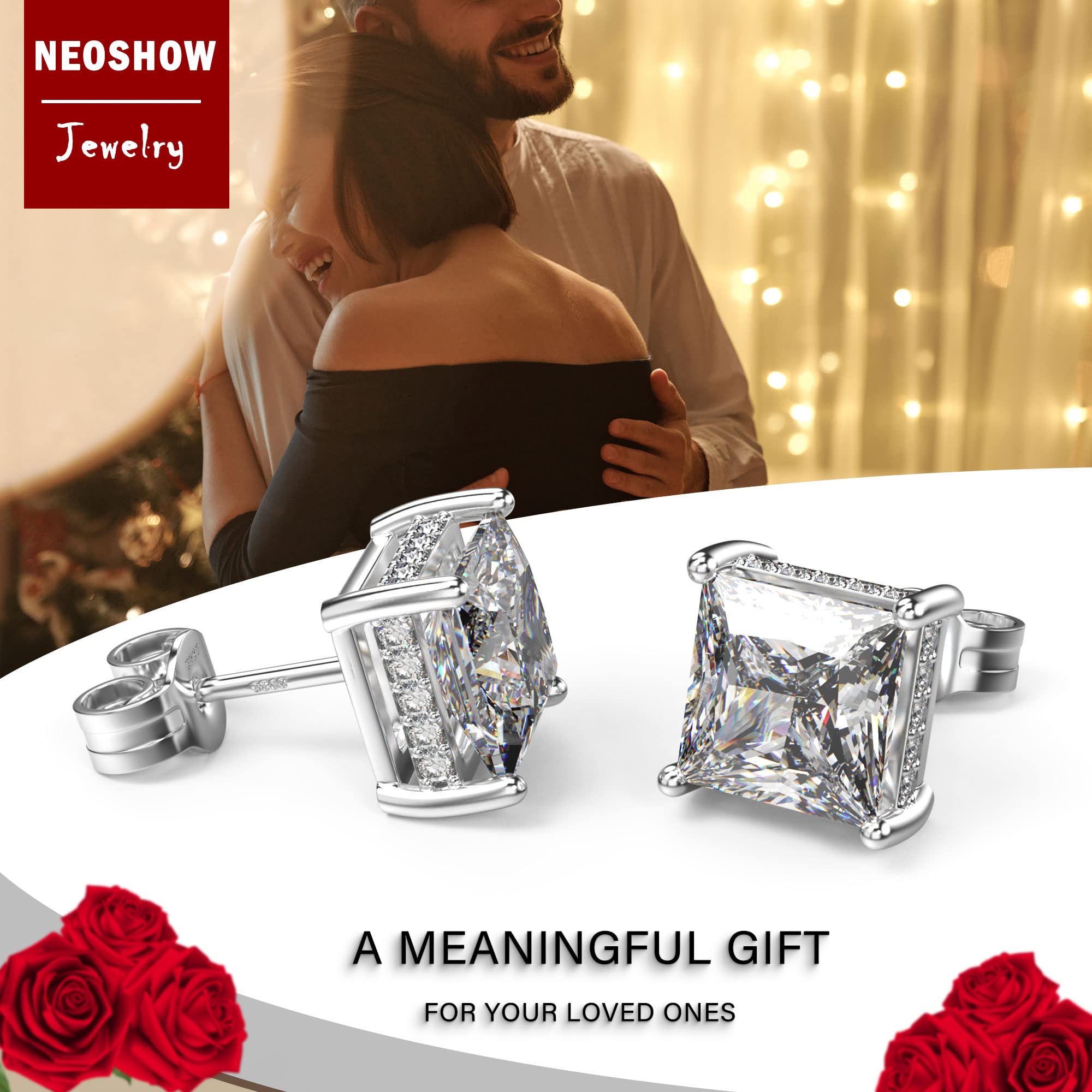 18K White Gold Plated Sterling Silver Princess Cut Cubic Zirconia Stud Earrings Square Simulated Diamond CZ Stud Earrings for Women Men Hypoallergenic (8MM, White Gold)