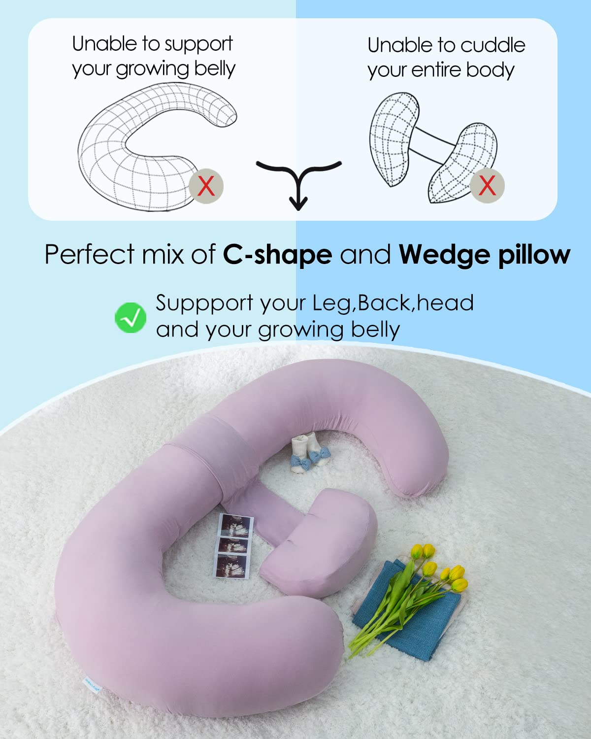 QUEEN ROSE Cooling Pregnancy Pillows,E Shaped Full Body Pillow for Sleeping, with Pregnancy Wedge Pillow for Belly Support, 60 Inch Maternity Pillow for Side Sleeper, Cooling Rayon Cover, Purple