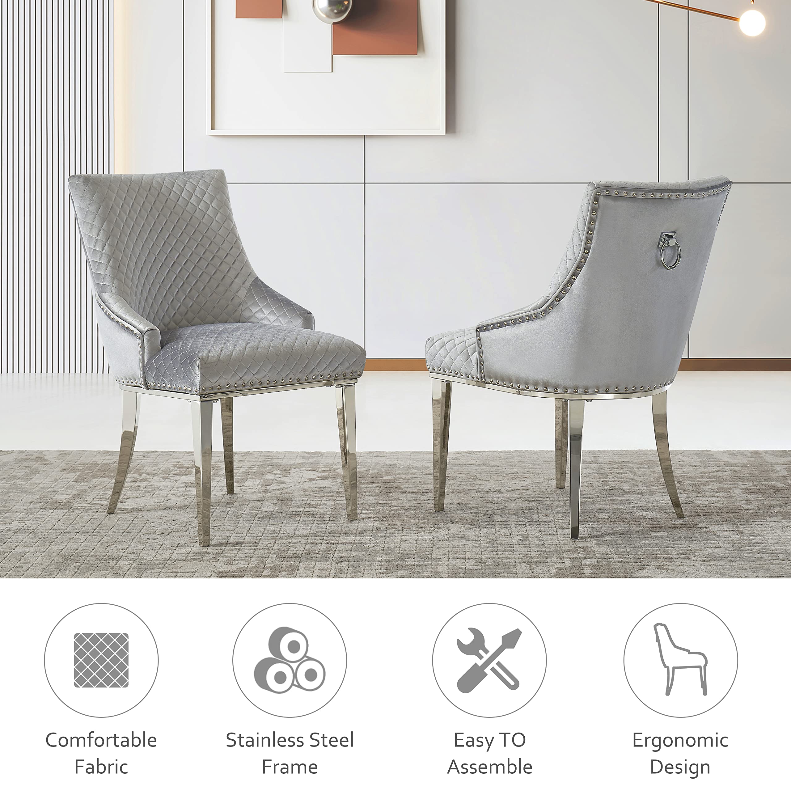 Anewsun 5 Pieces Dining Table Set for 4, Modern Kitchen and Dining Room Sets for 4 with Silver Metal Circle Base Dining Table and Silver Gray Velvet Upholstered Dining Chairs