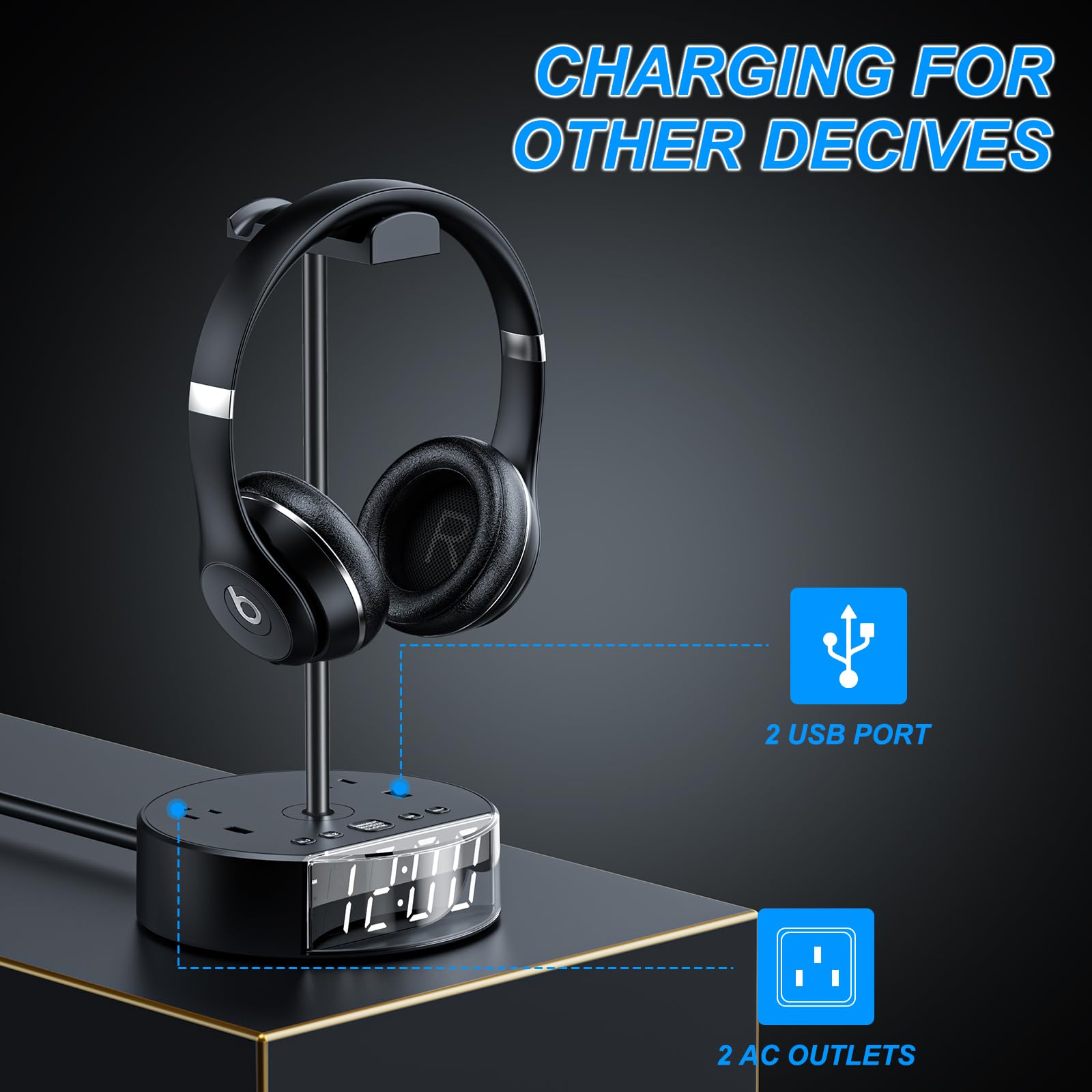 ZEAGUS Headphone Stand with Alarm Clock, Gaming Headphone Stand for Desk,Headphone Holder with 2 USB Charging Ports and 2 Power Outlets,Headset Stand Suitable for All Earphone Accessories