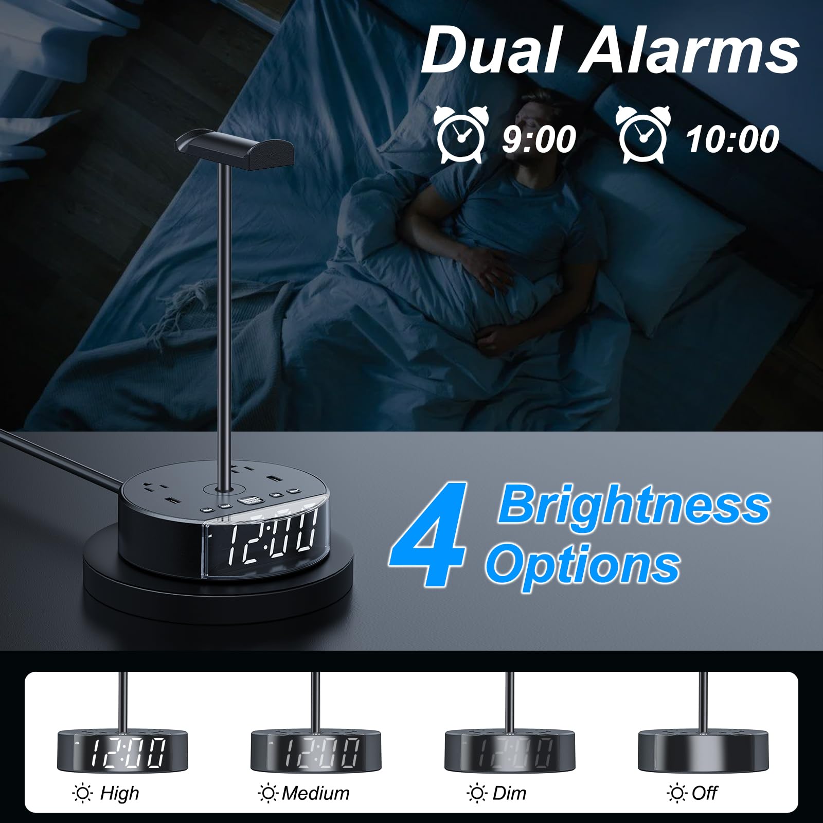 ZEAGUS Headphone Stand with Alarm Clock, Gaming Headphone Stand for Desk,Headphone Holder with 2 USB Charging Ports and 2 Power Outlets,Headset Stand Suitable for All Earphone Accessories