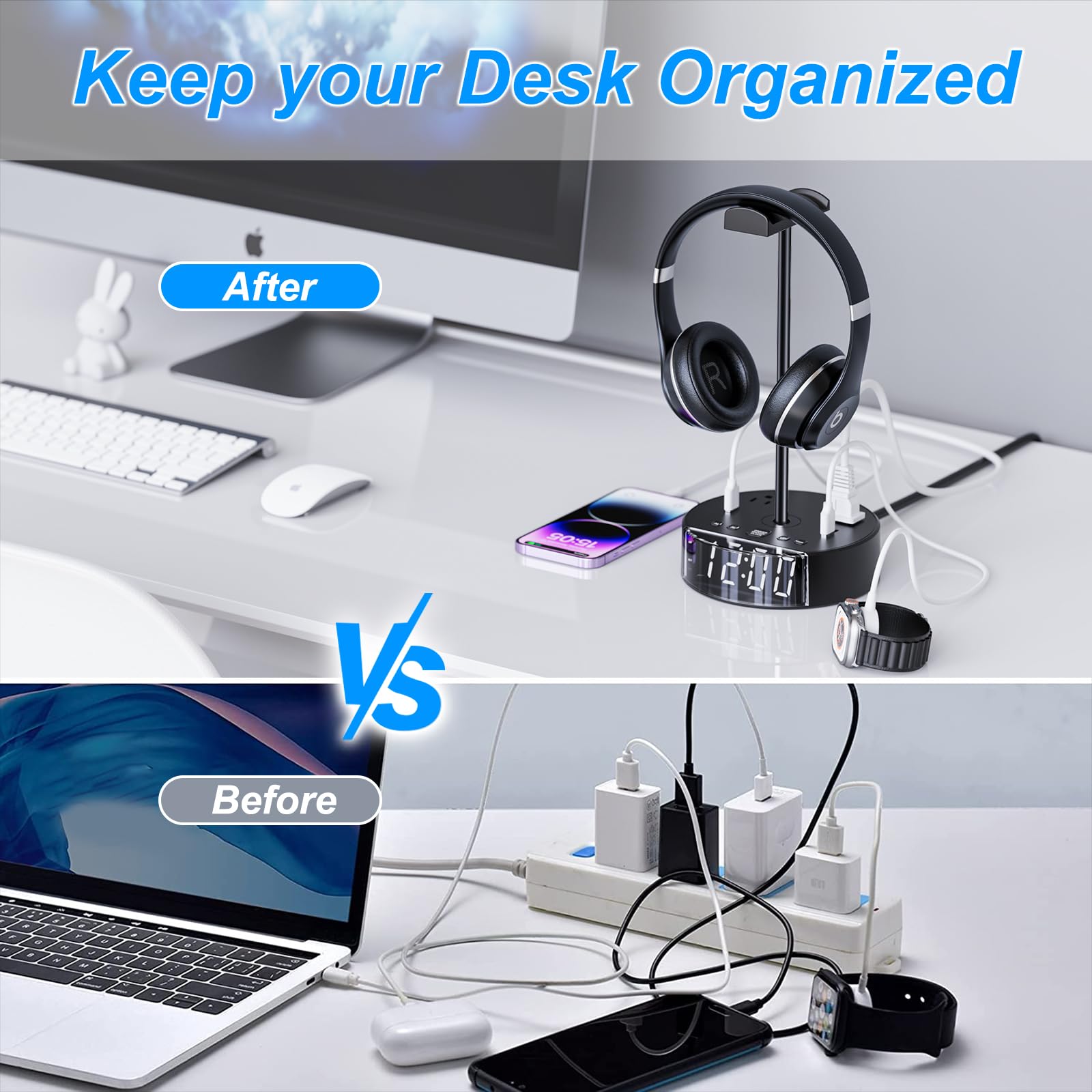 ZEAGUS Headphone Stand with Alarm Clock, Gaming Headphone Stand for Desk,Headphone Holder with 2 USB Charging Ports and 2 Power Outlets,Headset Stand Suitable for All Earphone Accessories