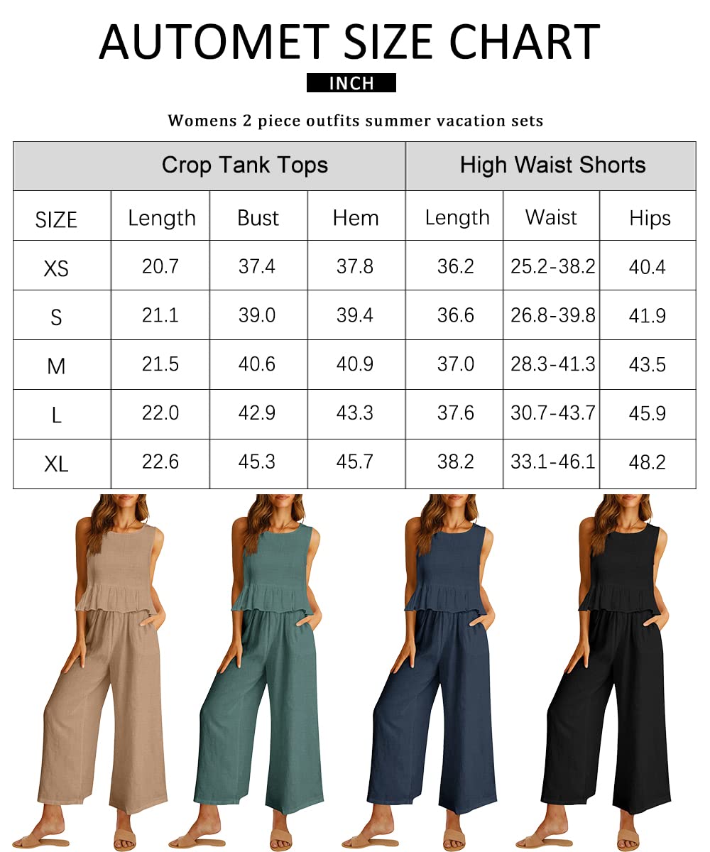AUTOMET Womens Summer 2 Piece Outfits Linen Crop Tank Tops Lounge Matching Sets & Long Track Pants Tracksuits 2025 Blue Grey S