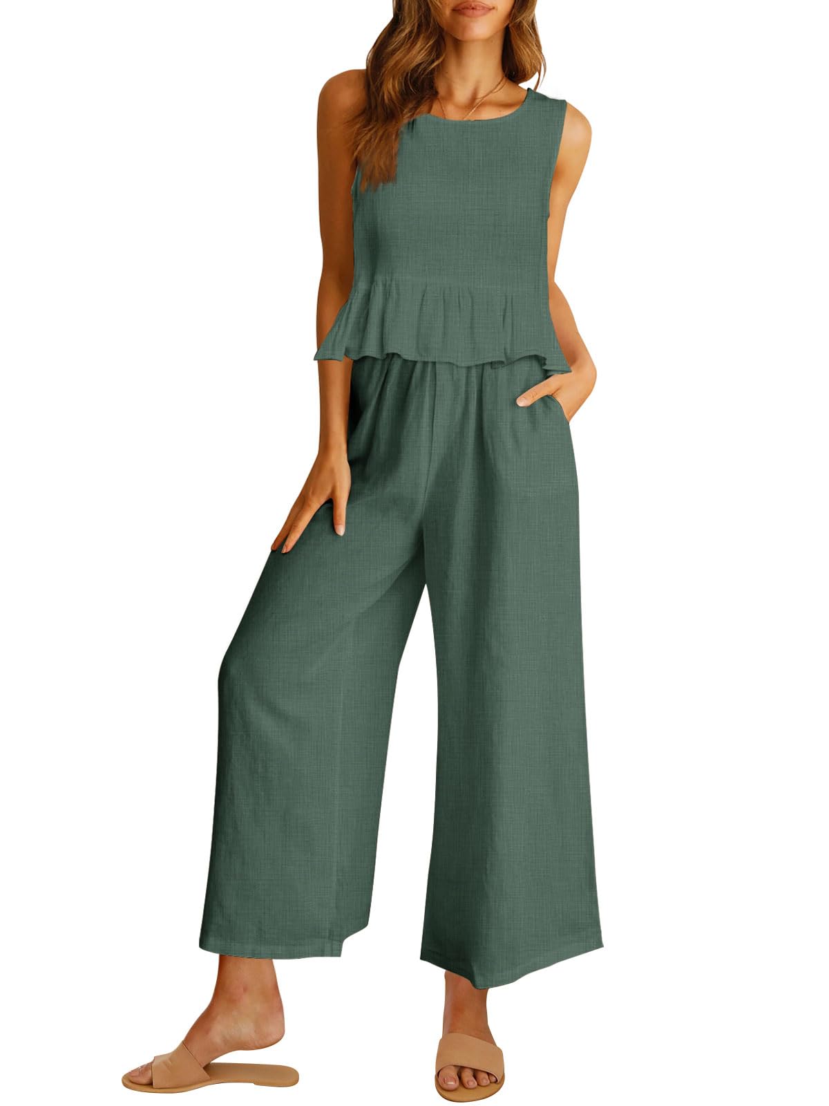 AUTOMET Womens Summer 2 Piece Outfits Linen Crop Tank Tops Lounge Matching Sets & Long Track Pants Tracksuits 2025 Blue Grey S