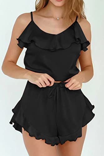 CHYRII Women's Sexy Silk Satin Ruffled Pajamas Sets Cami Shorts Sets Cute PJS Lingerie Slppewear Set Black M