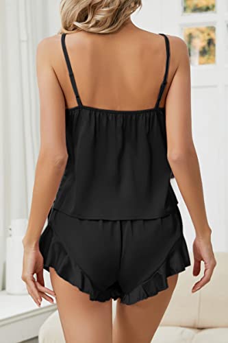 CHYRII Women's Sexy Silk Satin Ruffled Pajamas Sets Cami Shorts Sets Cute PJS Lingerie Slppewear Set Black M