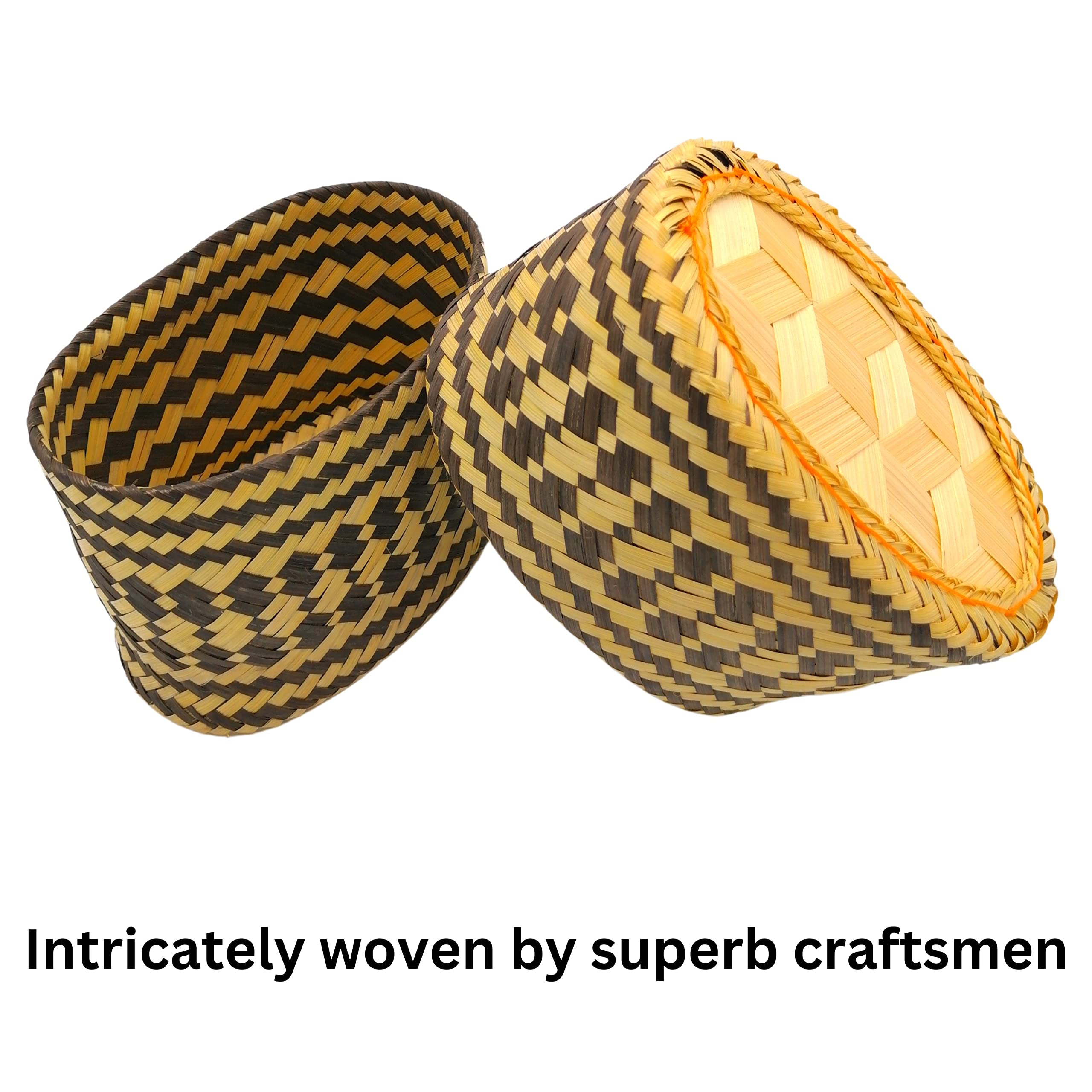 Bamboo Sticky Rice Serving Basket 6 x 3.7 Inch, Kratip, Intricately Woven Container, Oval-Shaped Pattern, Thailand Handmade, Dyed with Natural Based Black Charcoal (Mini Heart) (Double Square)
