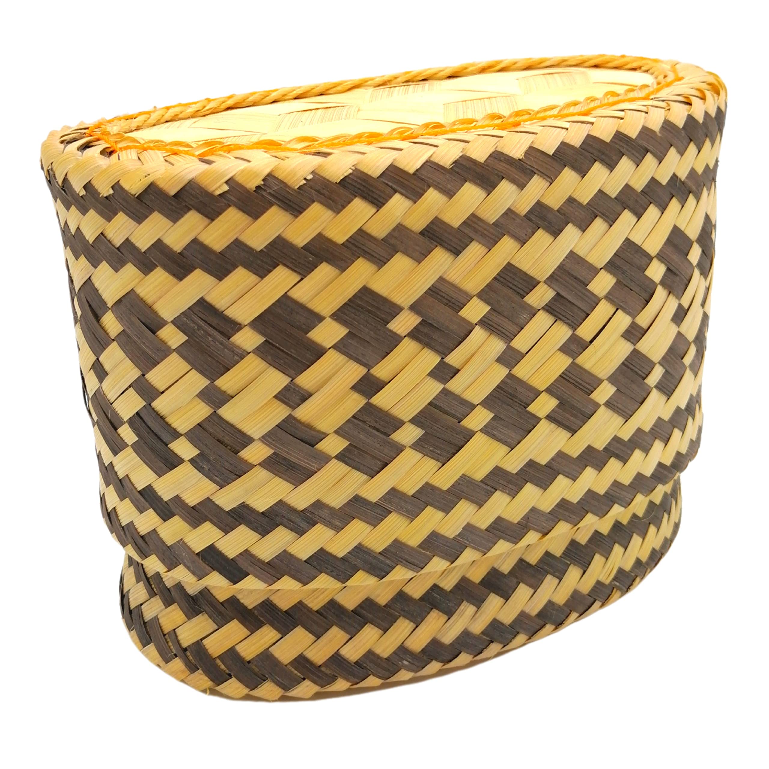 Bamboo Sticky Rice Serving Basket 6 x 3.7 Inch, Kratip, Intricately Woven Container, Oval-Shaped Pattern, Thailand Handmade, Dyed with Natural Based Black Charcoal (Mini Heart) (Double Square)