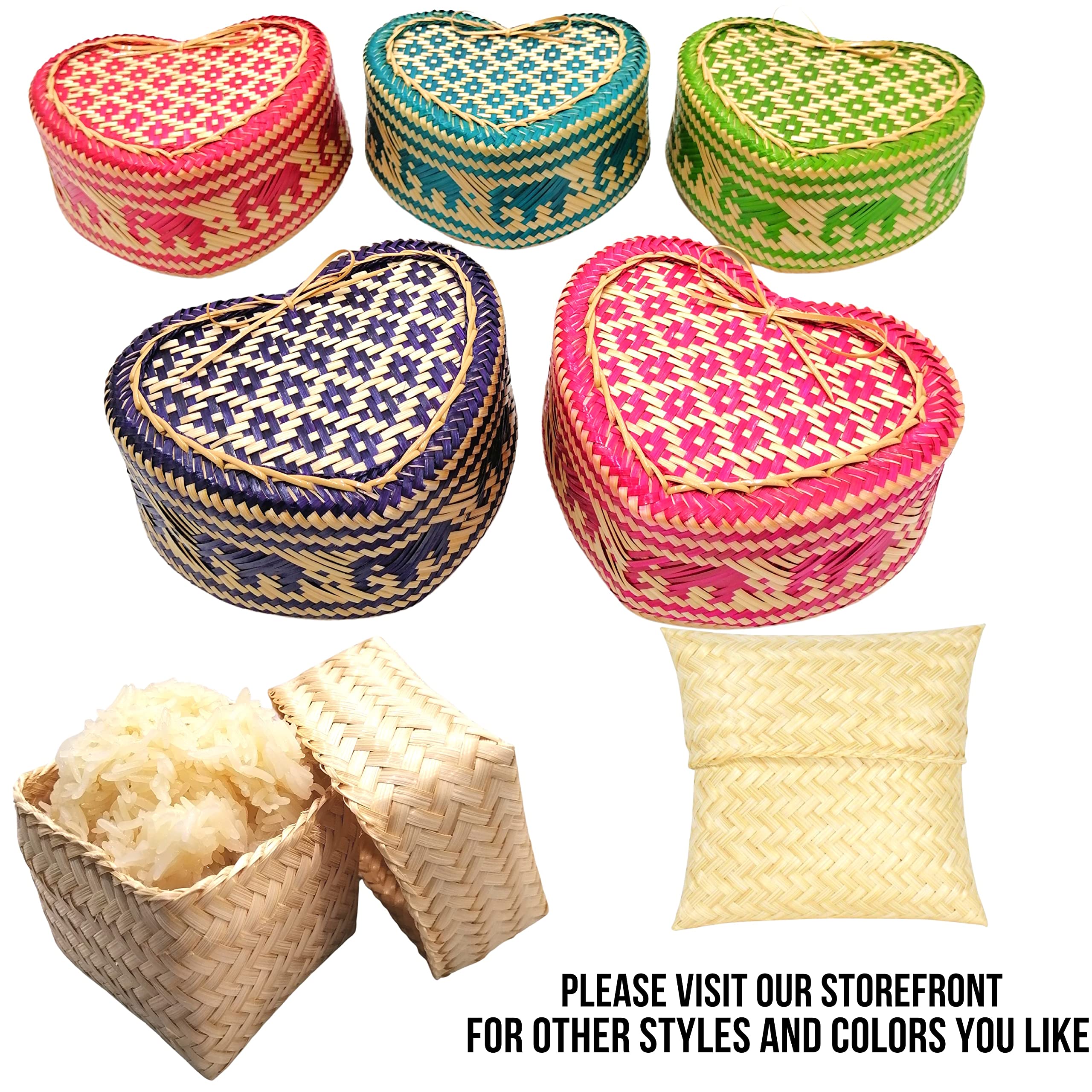 Bamboo Sticky Rice Serving Basket 6 x 3.7 Inch, Kratip, Intricately Woven Container, Oval-Shaped Pattern, Thailand Handmade, Dyed with Natural Based Black Charcoal (Mini Heart) (Double Square)